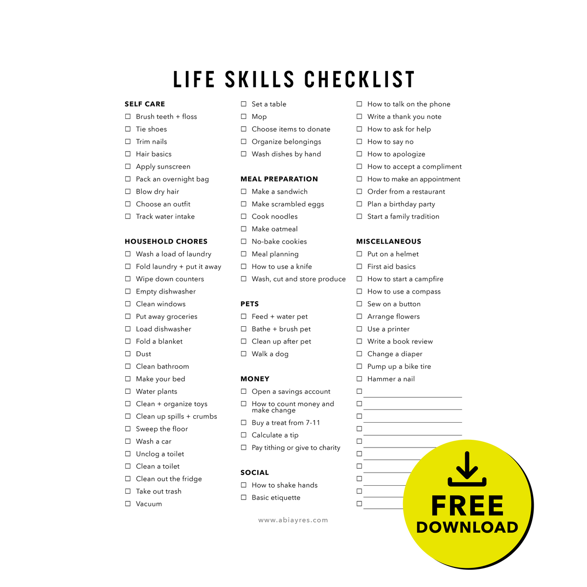 Life Skills Checklist for Kids | Abi Ayres