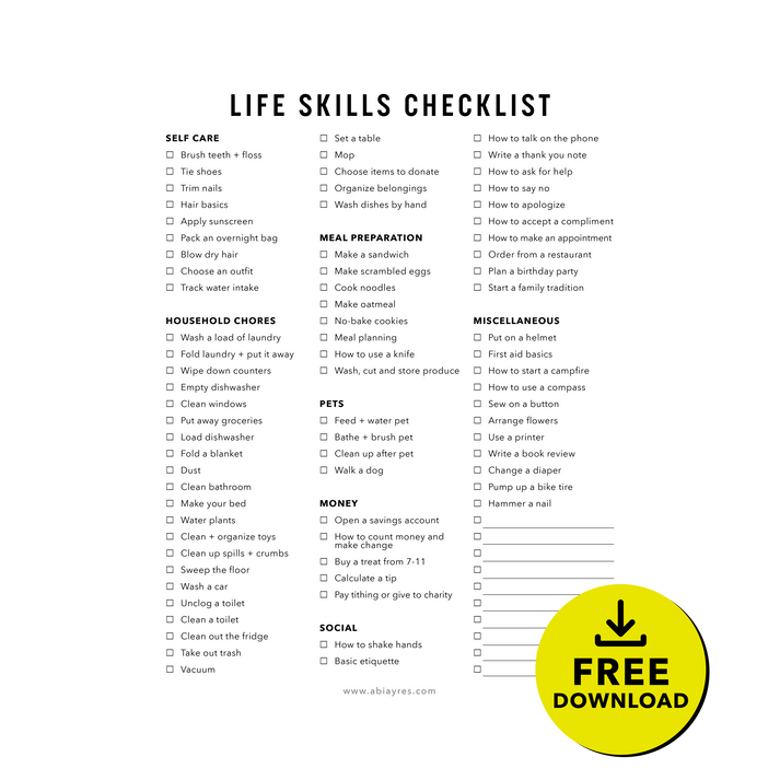 Life Skills Checklist for Kids – Abi Ayres