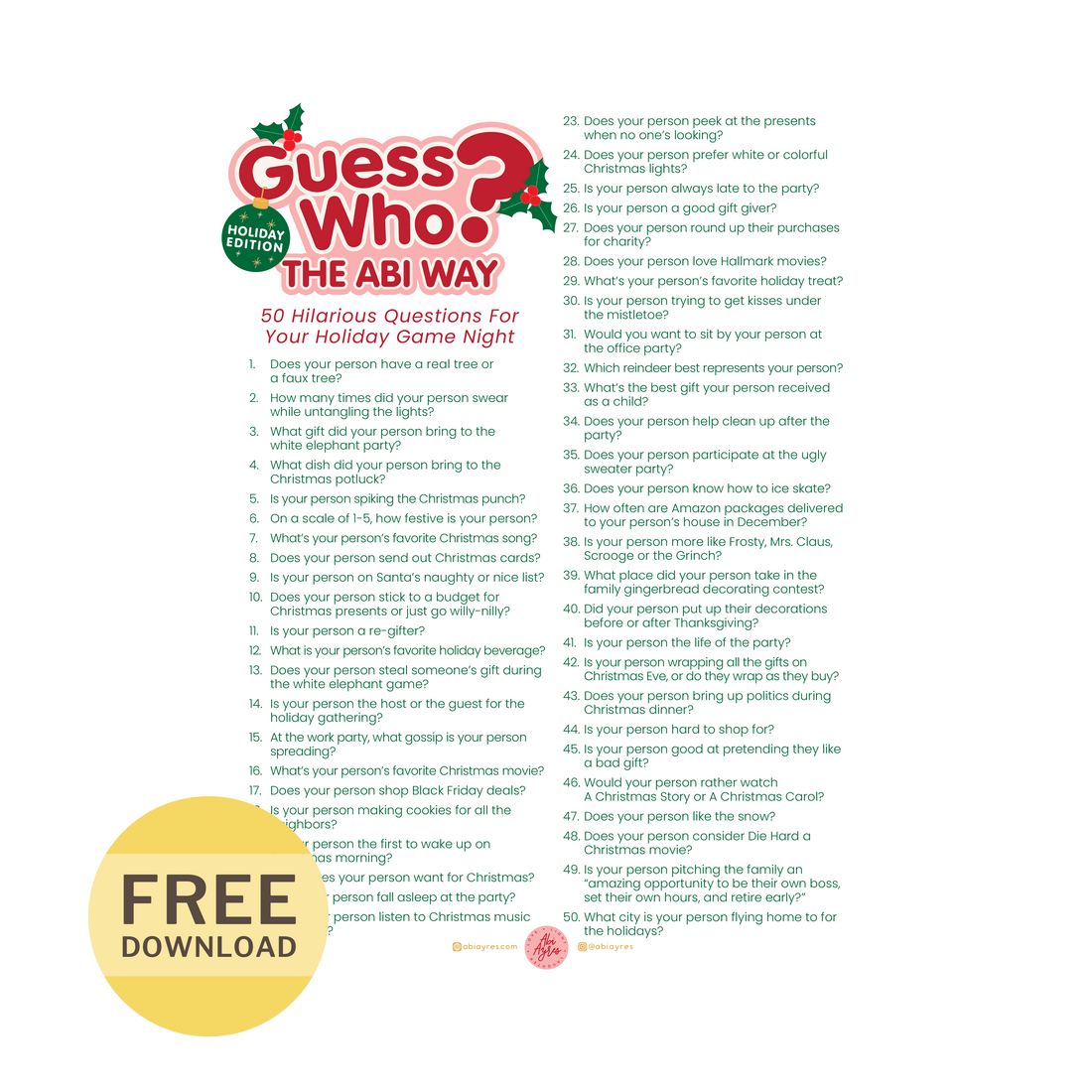 Guess Who Questions - Holiday Edition – Abi Ayres